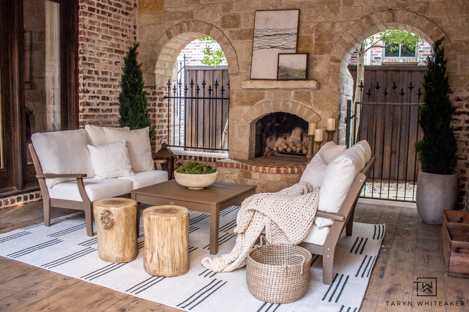 Modern European Outdoor Fireplace Seating Area - Taryn Whiteaker Designs