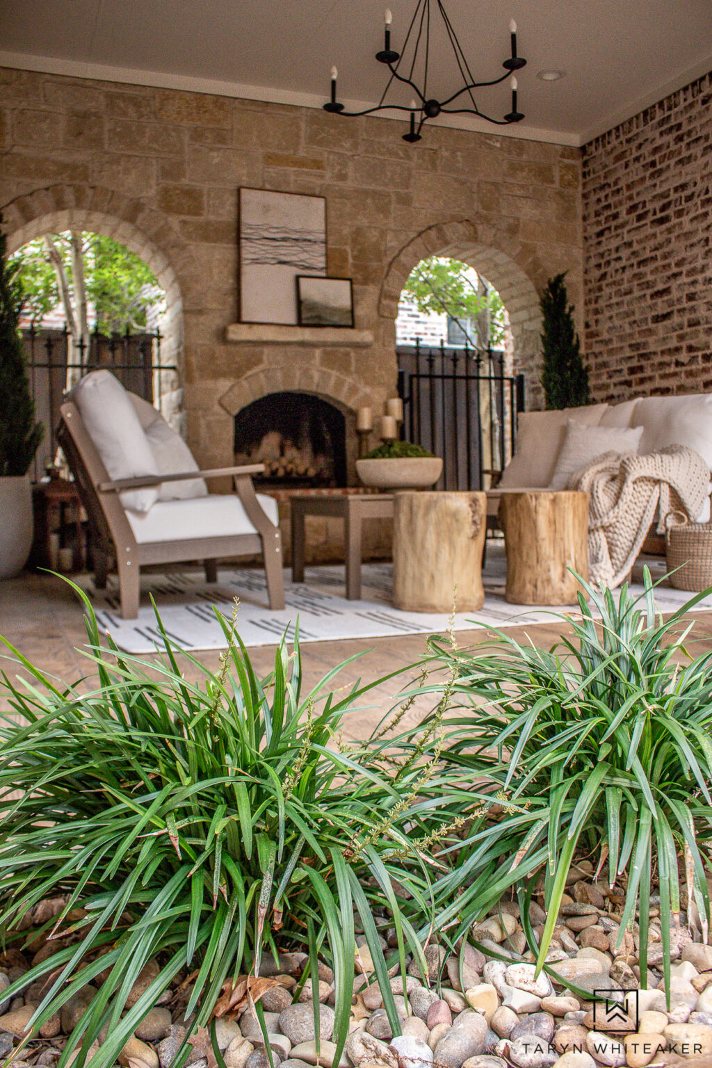 Modern European Outdoor Fireplace Seating Area - Taryn Whiteaker Designs